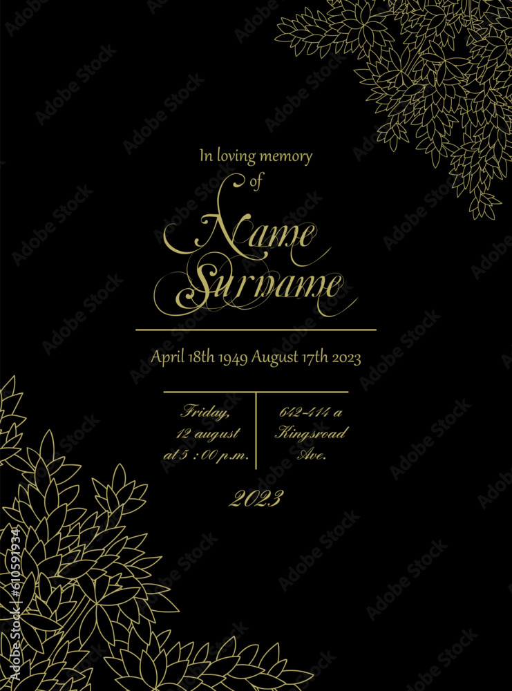 Funeral Ceremony Invitation Card with Elegant Foliage Frame Stock ...