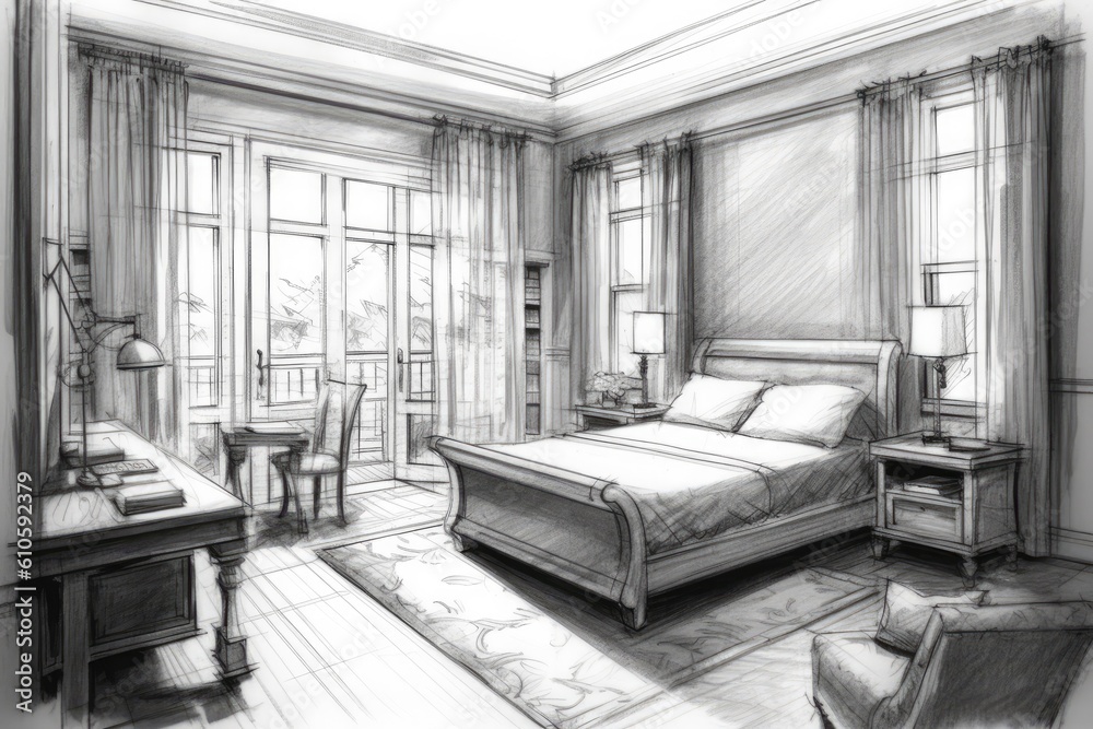 Interior sketch of a bedroom showing the coffee table in front of the ...