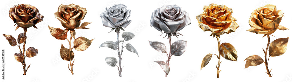 A collection of gold and silver roses on a transparent background ...