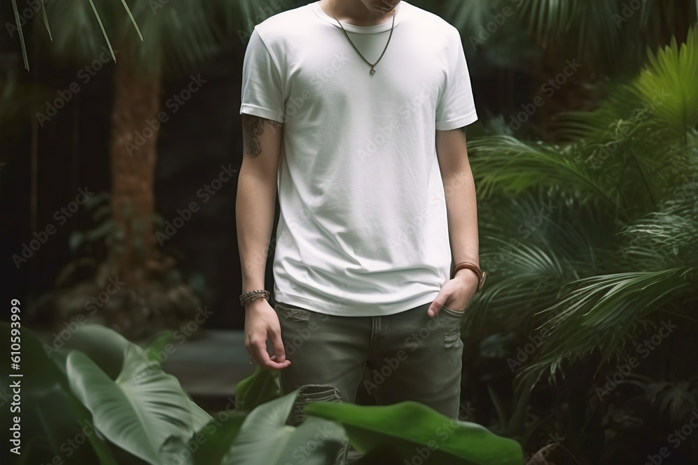 Man wearing blank white t-shirt and jeans stands surrounded by tropical ...