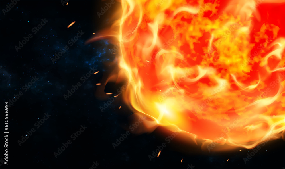 Red giant burning sun in outer space with solar flare, abstract science ...