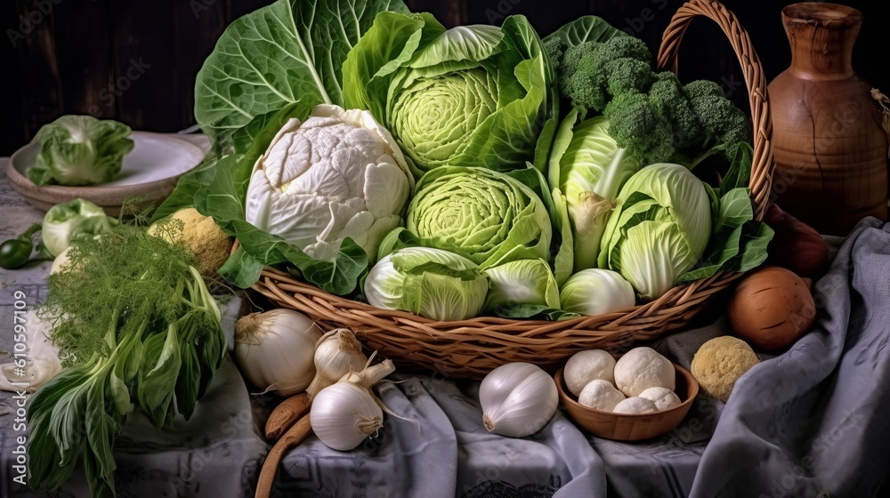 Cabbage of different varieties and types, flatlay vegetables, a banner ...