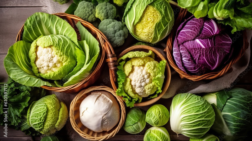 Cabbage of different varieties and types, flatlay vegetables, a banner ...