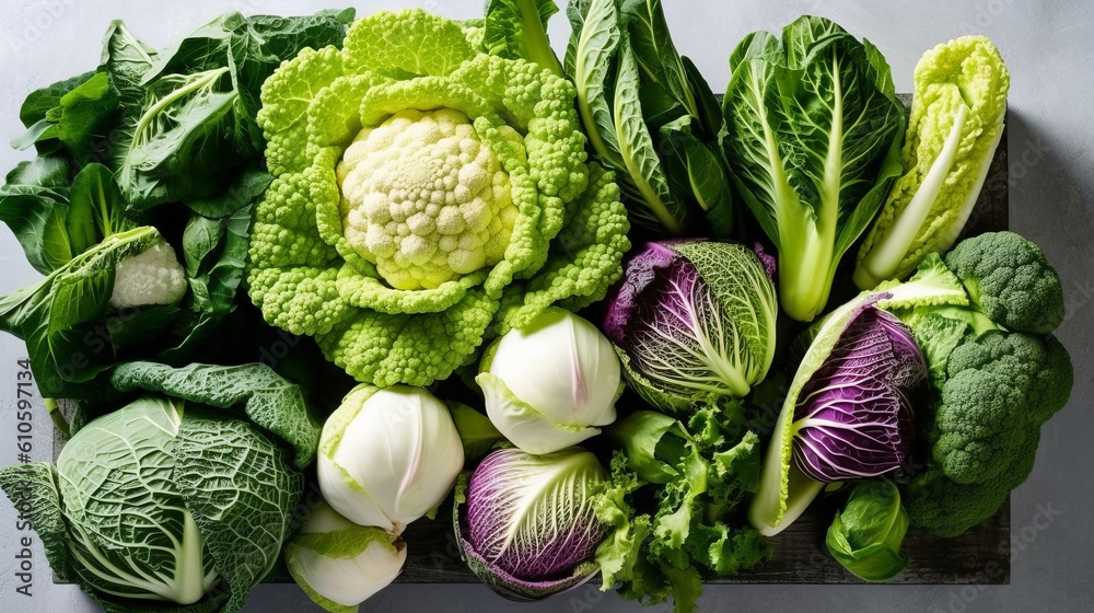 Cabbage of different varieties and types, flatlay vegetables, a banner ...