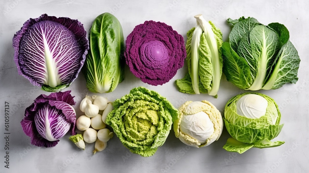 Cabbage of different varieties and types, flatlay vegetables, a banner ...