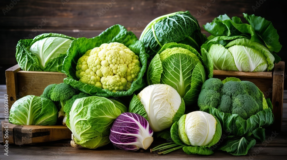 Cabbage of different varieties and types, flatlay vegetables, a banner ...