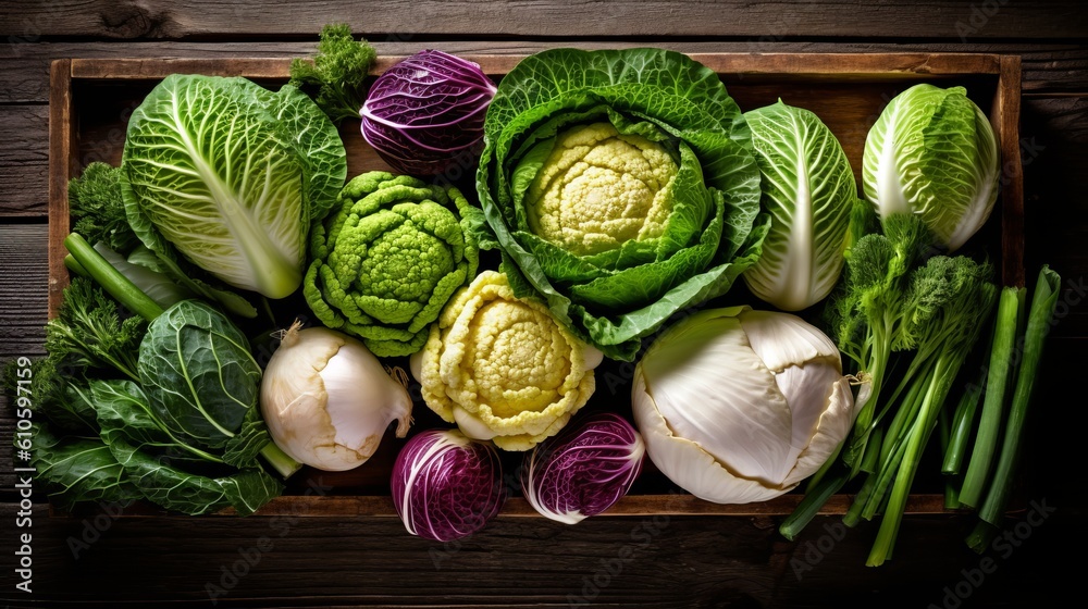 Cabbage of different varieties and types, flatlay vegetables, a banner ...