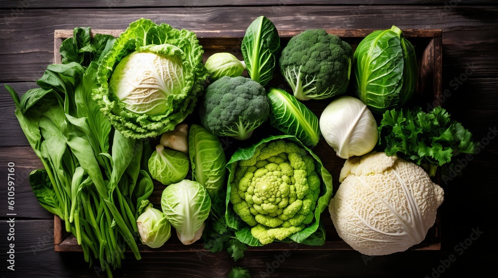 Cabbage of different varieties and types, flatlay vegetables, a banner ...