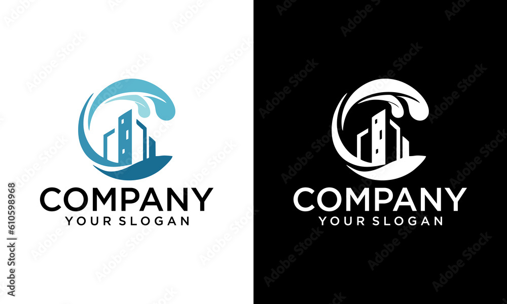 Beach Building house logo with waves and houses illustration Stock ...