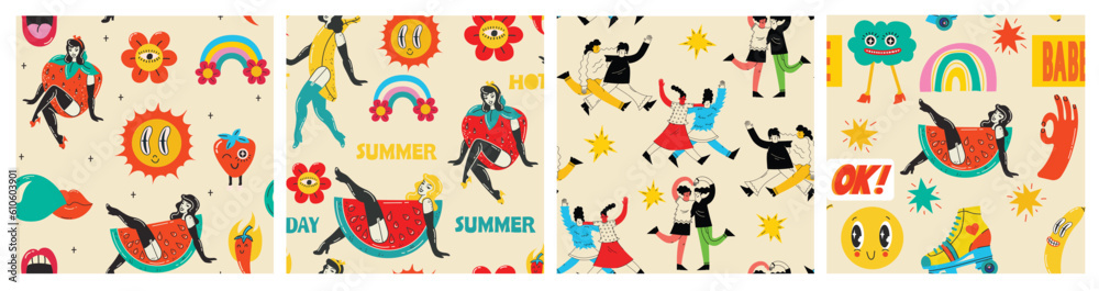Colorful funny happy face label seamless pattern set. Collection of ...