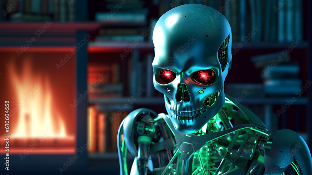 Red-eyed evil chatGPT reading all human knowledge in library, in front ...