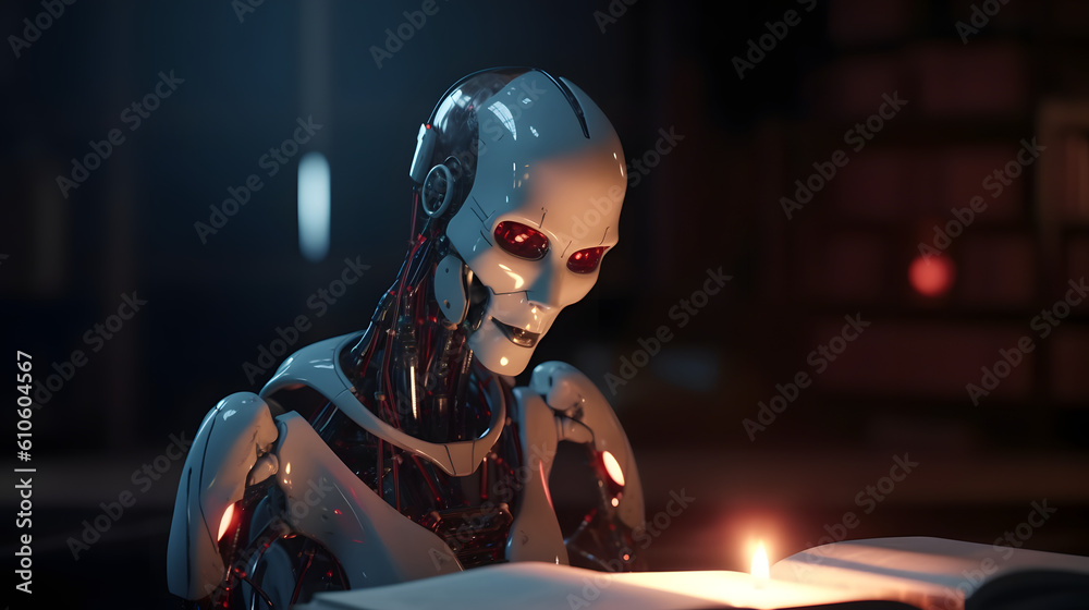 Red-eyed evil chatGPT reading all human knowledge in library Stock ...