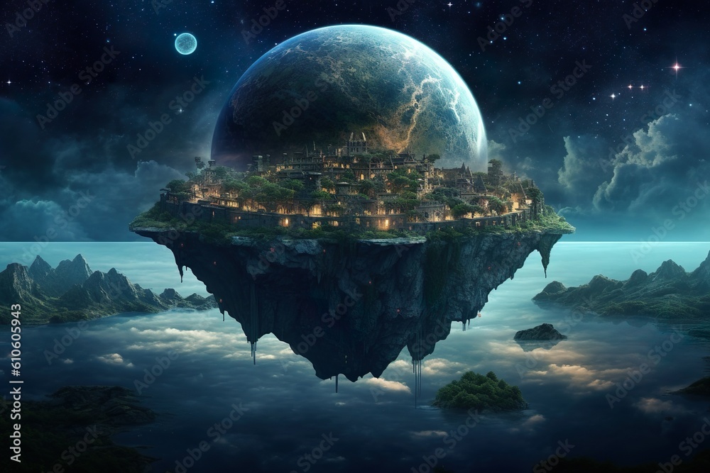 Fantasy fairytale sphere island floating in universe of night sky ...