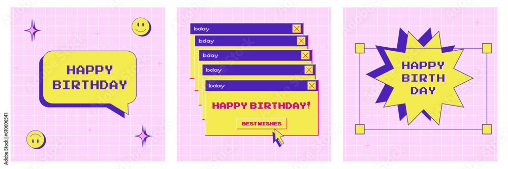 y2k happy birthday card set, trendy 2000s 1990s style, retro, vector ...