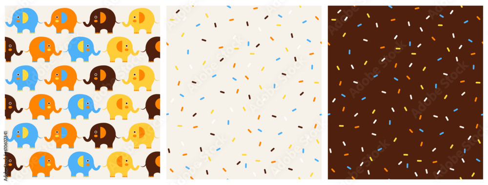 Cute Nursery Seamless Vector Patterns with Funny Elephants and Confetti ...
