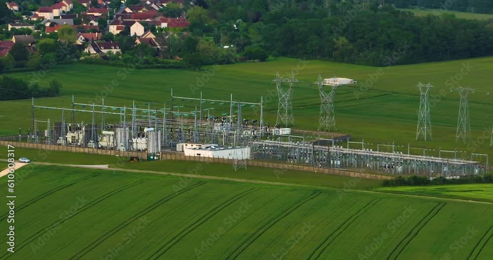 High voltage power station. View from flying drone. Wide angle, high ...