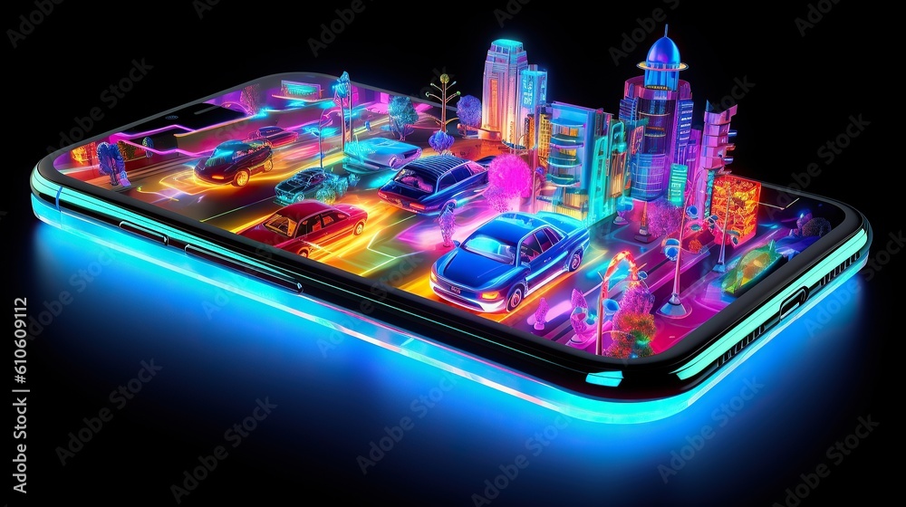 Smartphone mobile screen, neon technology mobile display projected into ...