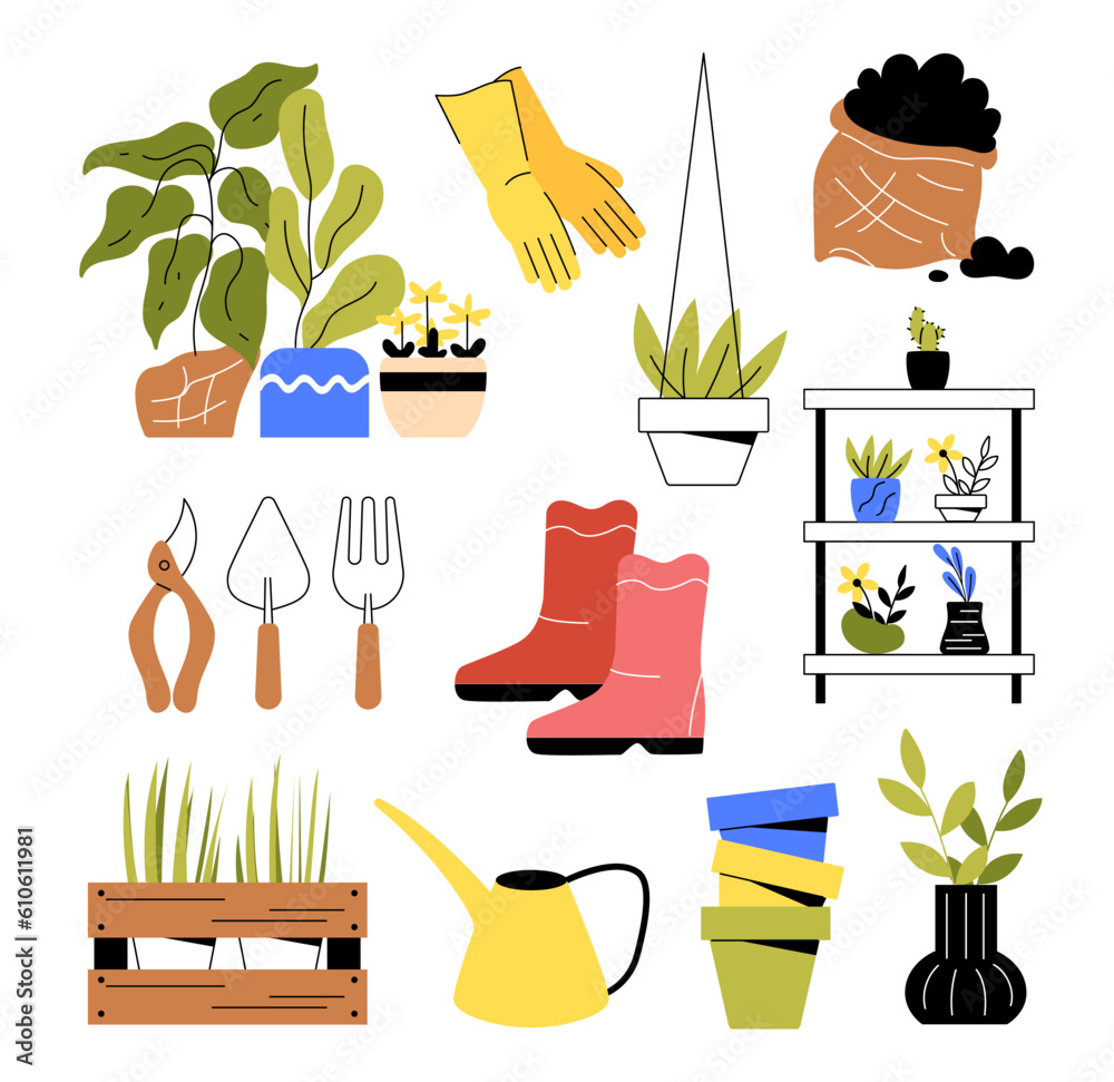 Botanical garden inventory set. Rubber gloves and boots, raincoat ...