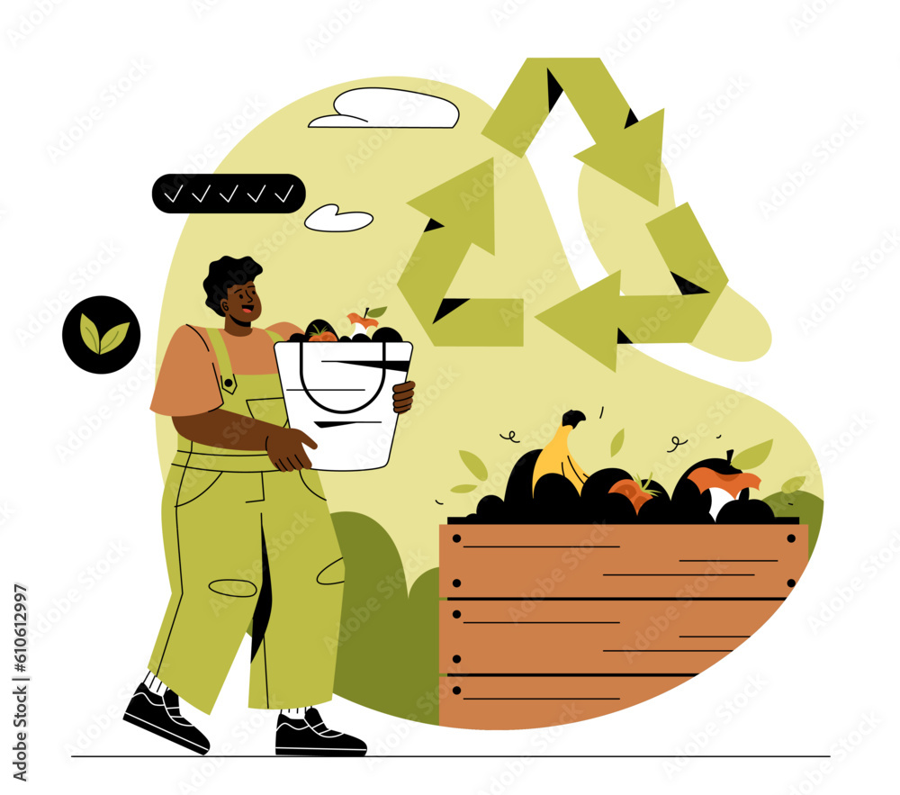 Man with compost concept. Young guy prepares soil for planting plants ...