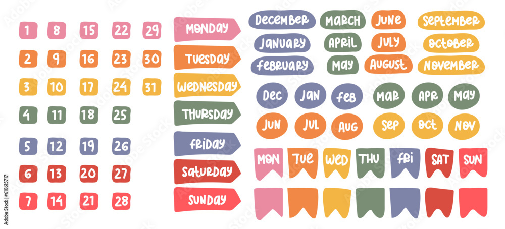 A set of elements with inscriptions of days of weeks full and ...