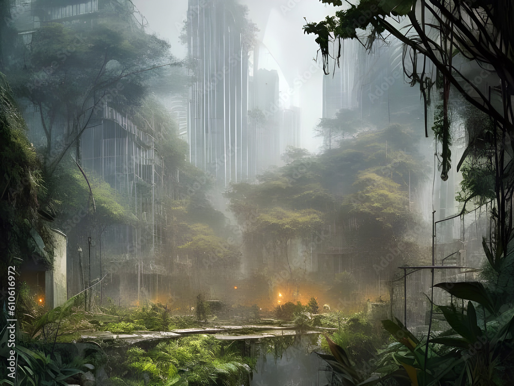 Abandoned modern city overgrown with trees and plants, apocalyptic ...