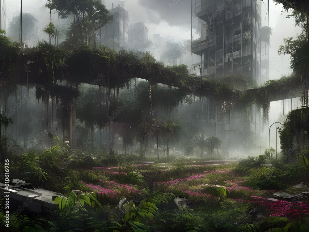 Abandoned modern city overgrown with trees and plants, apocalyptic ...