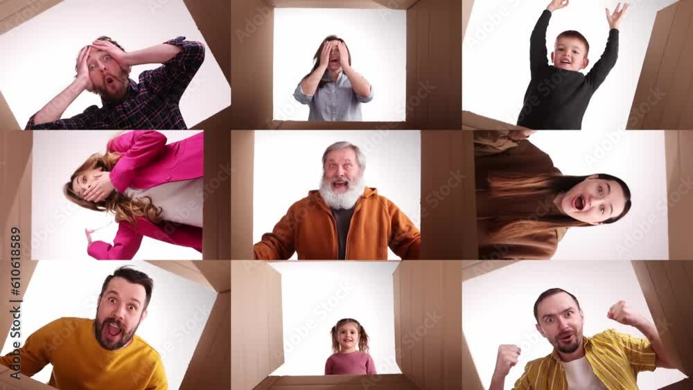 Collage. Different people, men, women and children opening cardboard ...