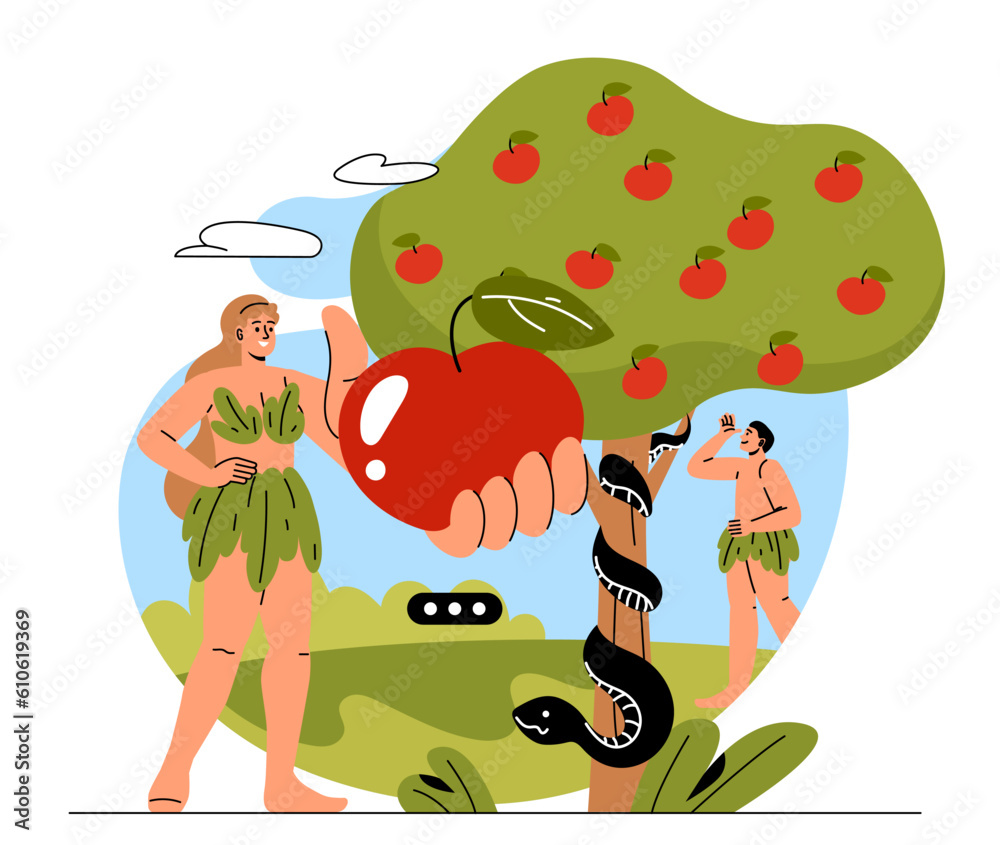 Biblical story scene concept. Adam and eve standing near tree with apples and snake ...