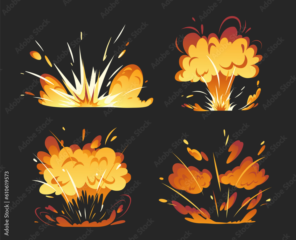Bomb and weapon explosions set. Destruction and demolition. War and ...