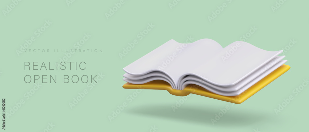 3d realistic open book with yellow cover. Poster with products for book ...
