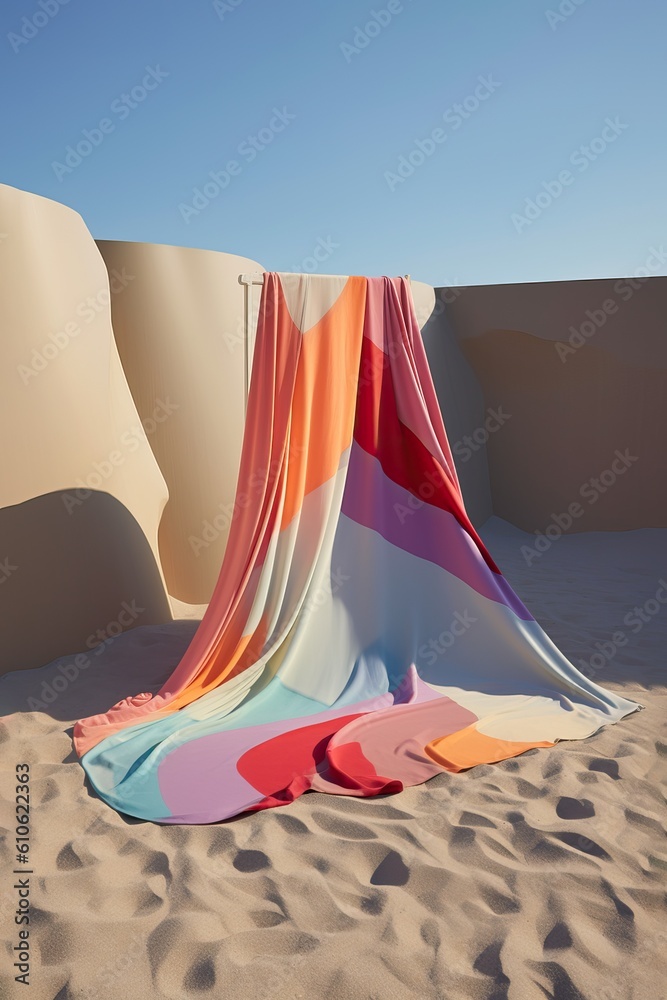Abstract futuristic neon colored sun shade on the beach with sand ...