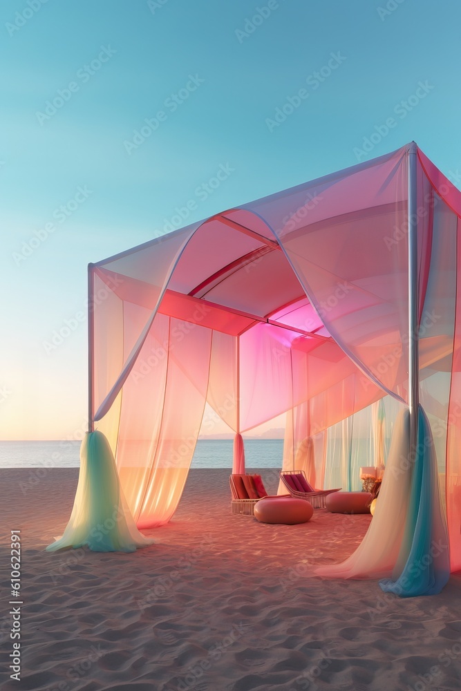Abstract futuristic neon colored sun shade on the beach with sand ...
