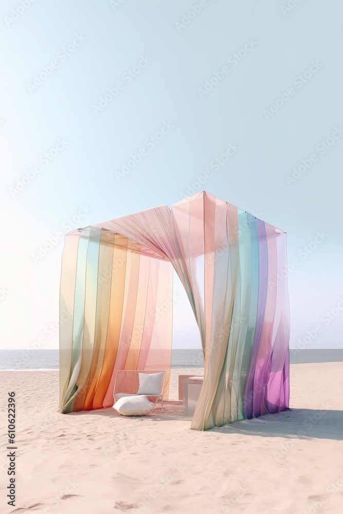 Abstract futuristic neon colored sun shade on the beach with sand ...