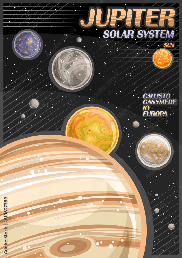Vector Poster for Jupiter, vertical banner with illustration of ...