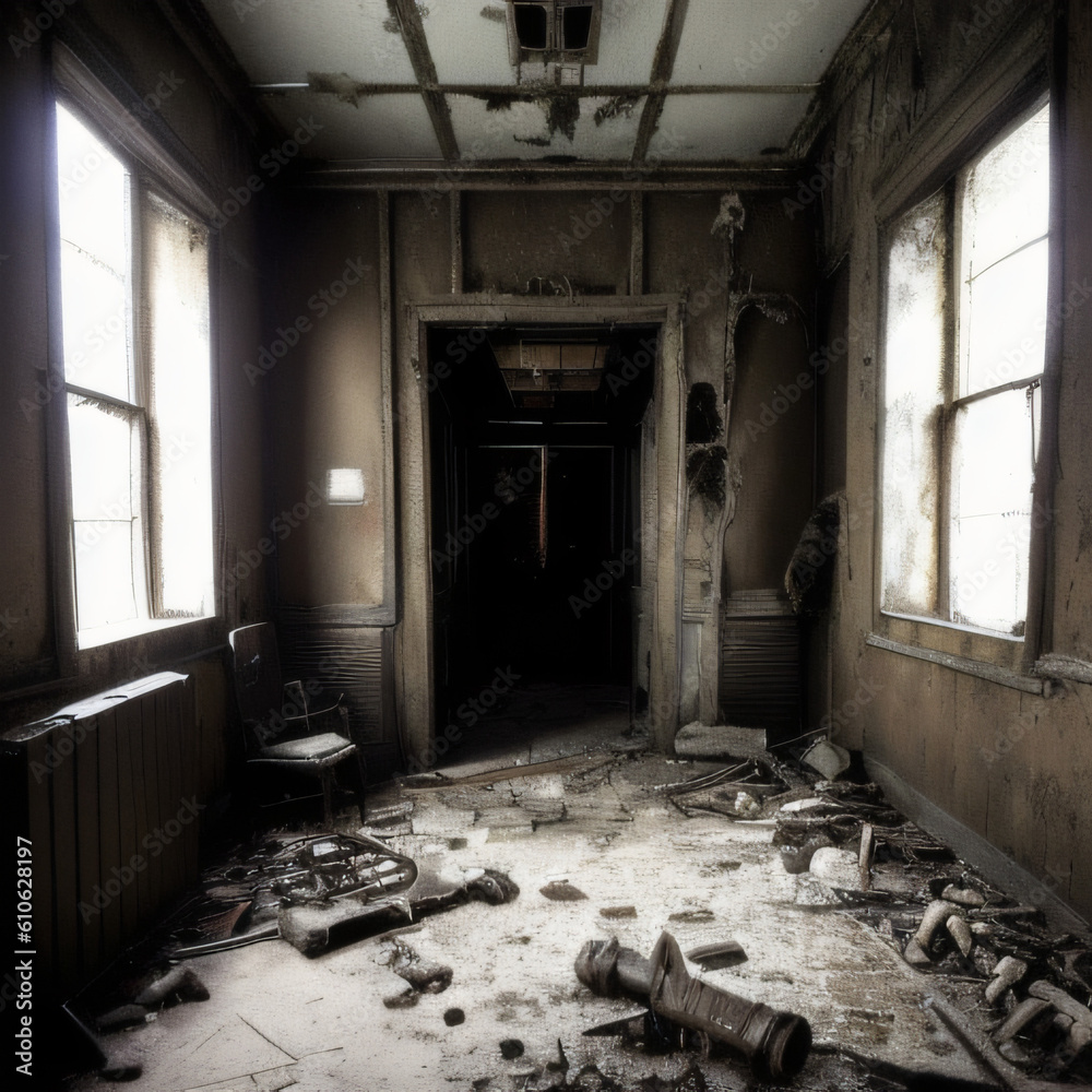 old abandoned building, corridor with rooms, giving eerie, creepy vibes ...