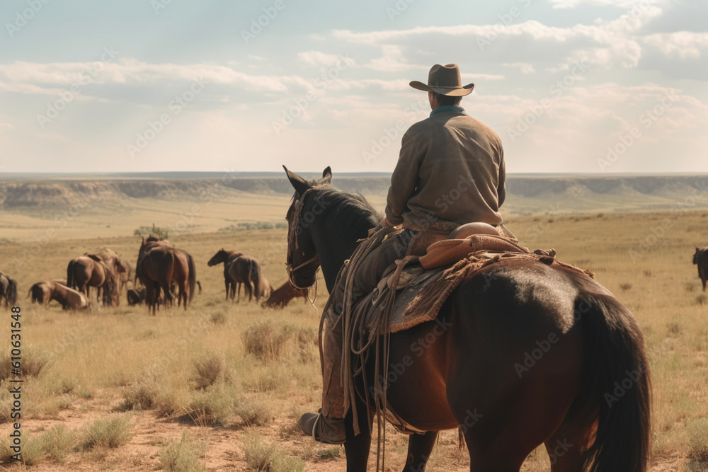 Outdoor rural scene of the view from behind of a cowboy wearing leather ...