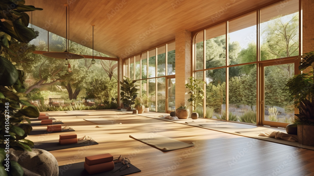 A nature-inspired yoga studio with natural wood finishes, large windows ...