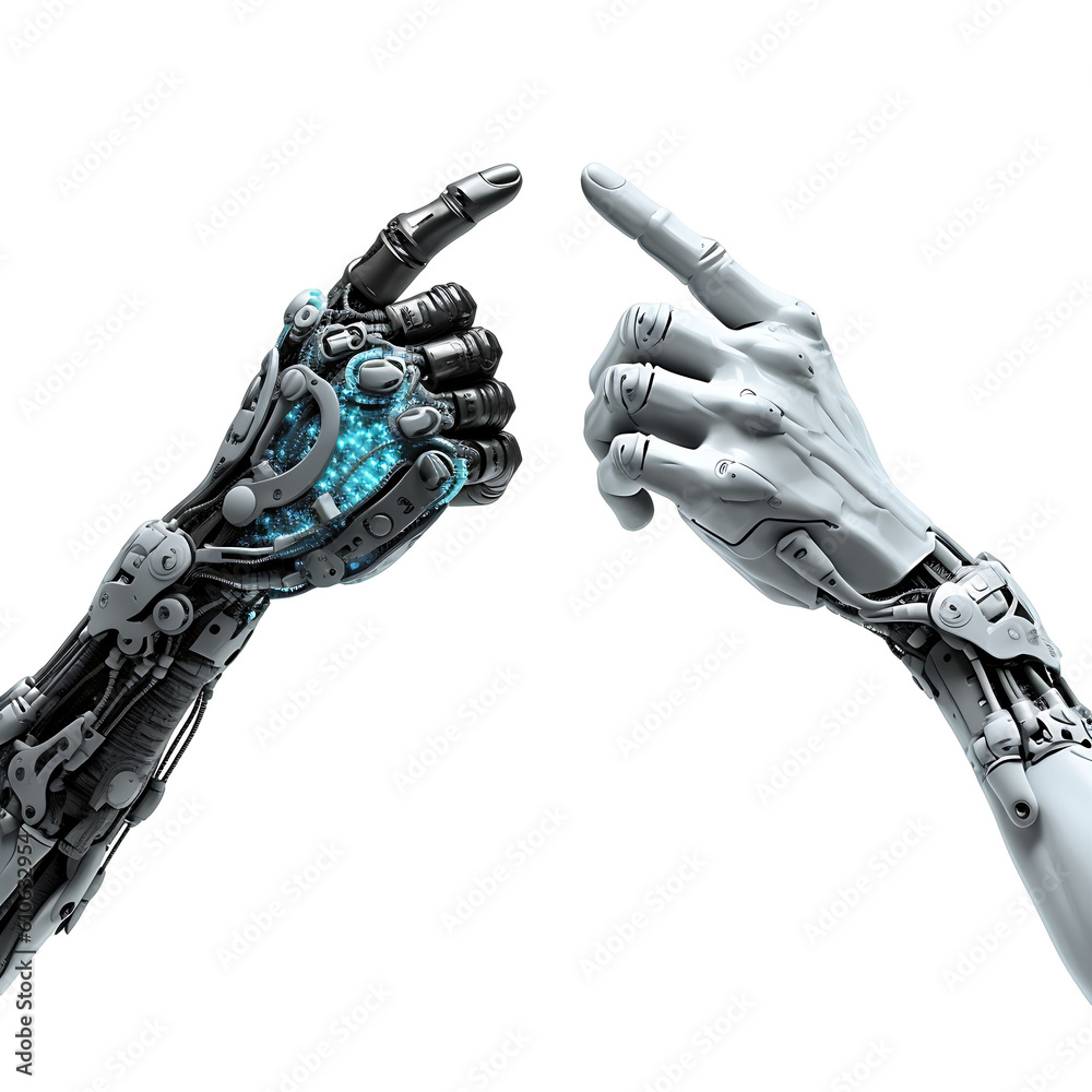 A robotic arm touching another robot hand and machine friendship ...