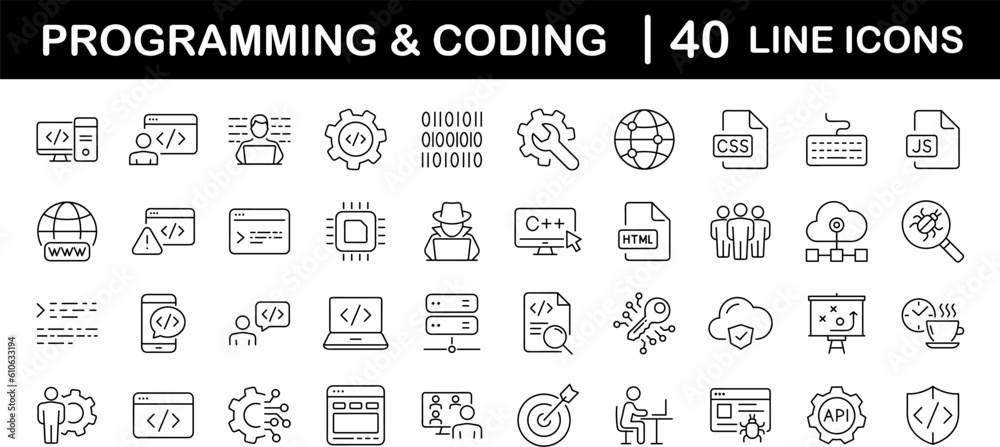 Programming coding set of web icons in line style. Software development icons for web and mobile ...