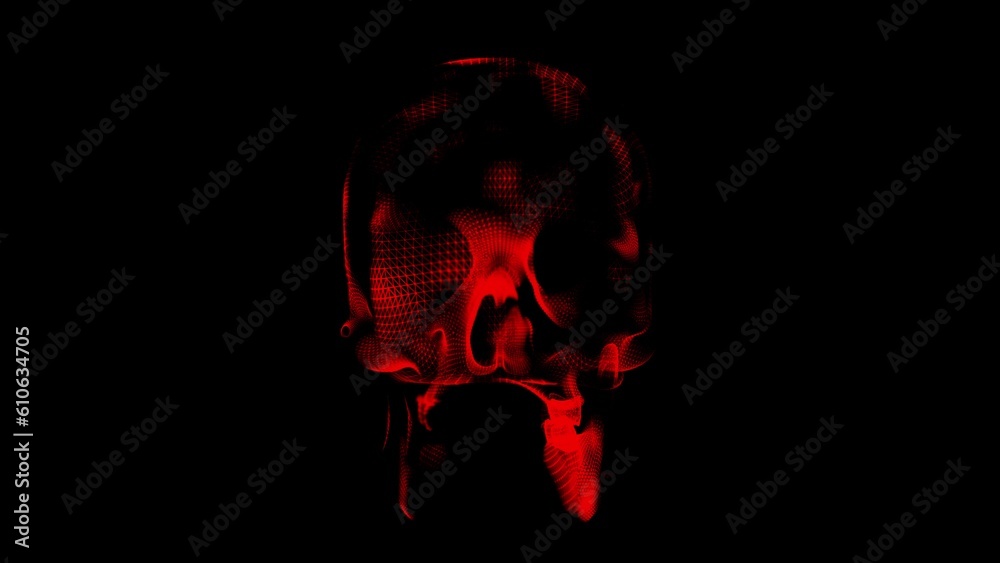 A human skull with red flashes on a black background. Skull scanning. A ...
