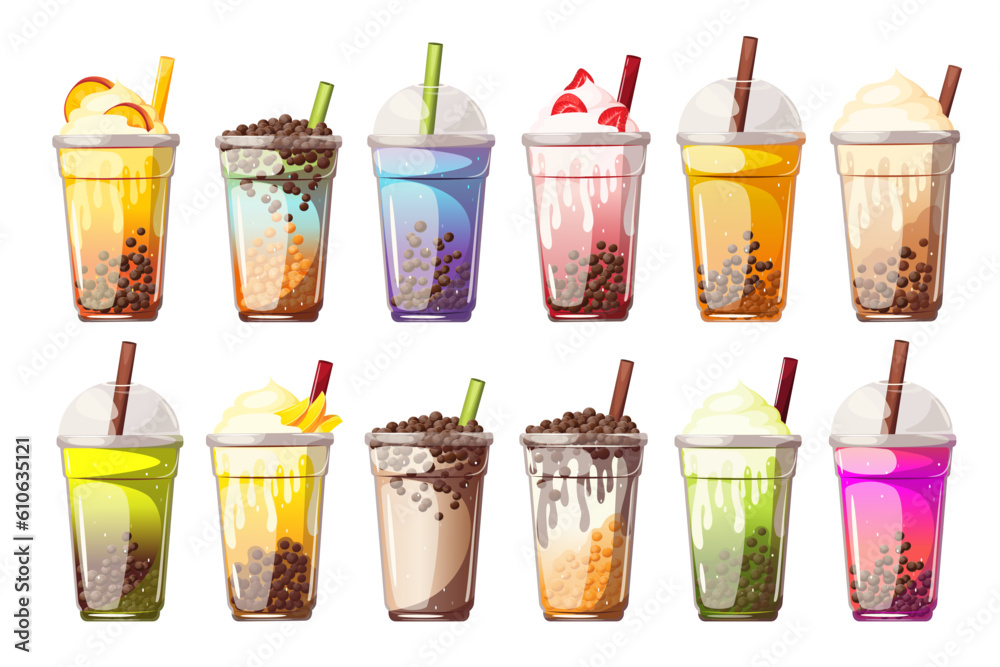 Collection of bubble tea with tapioca in plastic cups.Bubble tea with ...