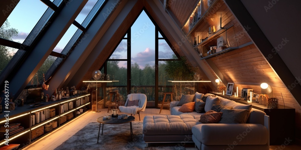 A modern attic inside is a stylish and functional living space that has ...