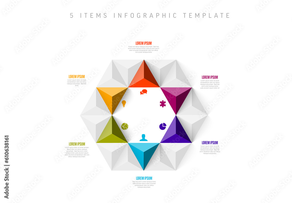 Six triangle elements infographic with icons and descriptions in ...