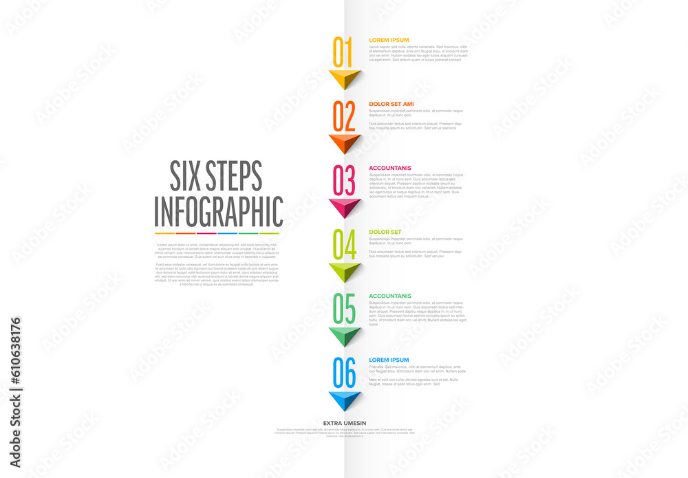 Six color steps with triangle arrow pointers on a vertical line Stock ...
