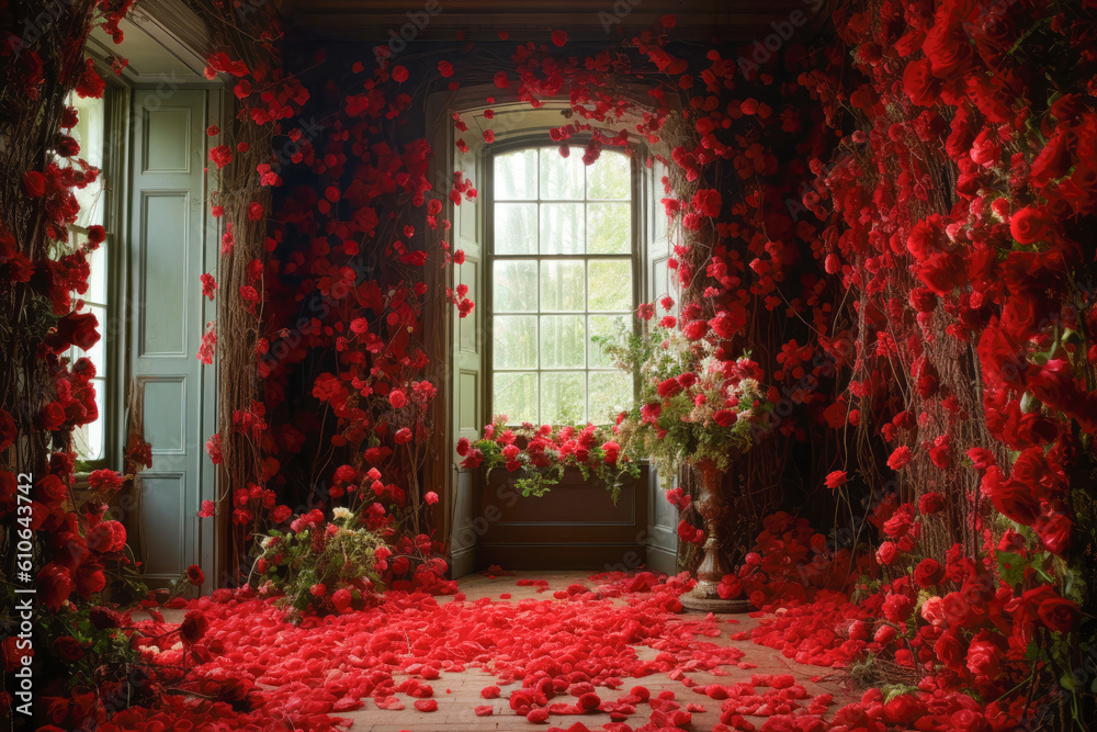 Room full of red roses on vines on the wall Stock Illustration | Adobe ...