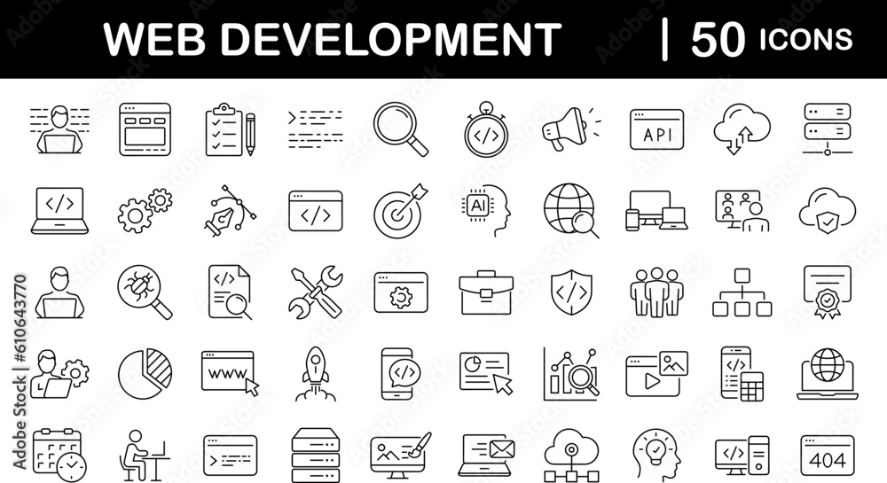 Web development set of web icons in line style. Developer icons for web and mobile app. Code ...