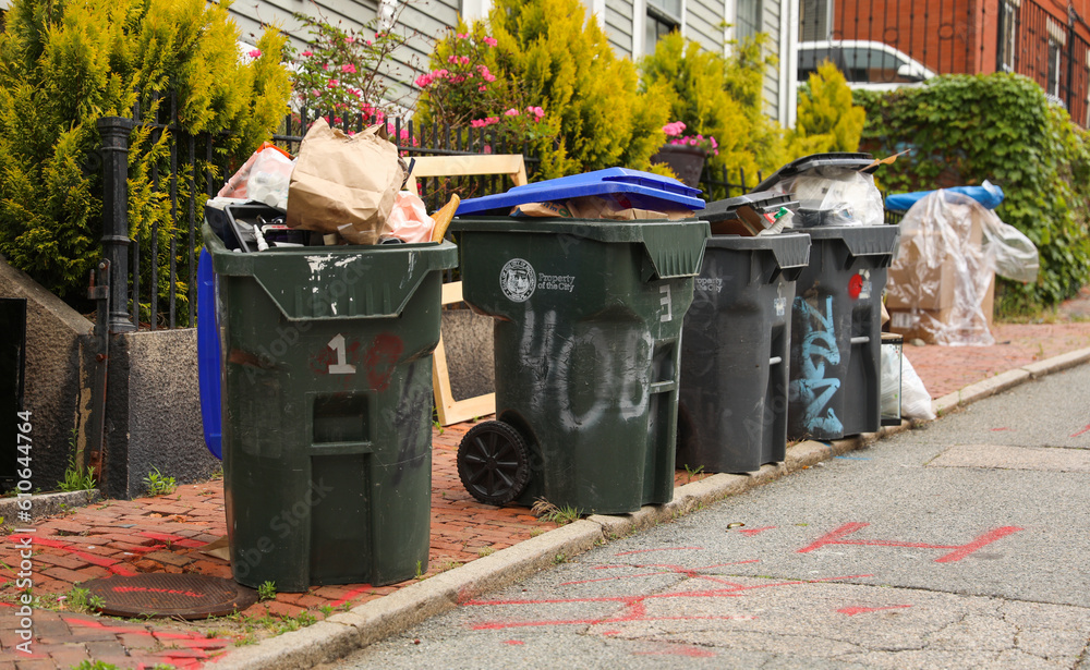 Trashcans symbolize waste management, cleanliness, responsible disposal ...