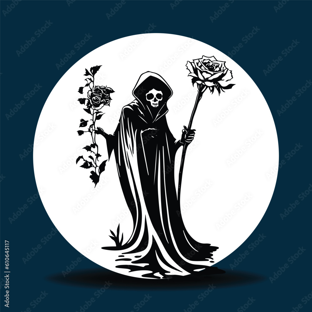 Vetor de Spooky grim reaper with rose flowers black outline vector ...