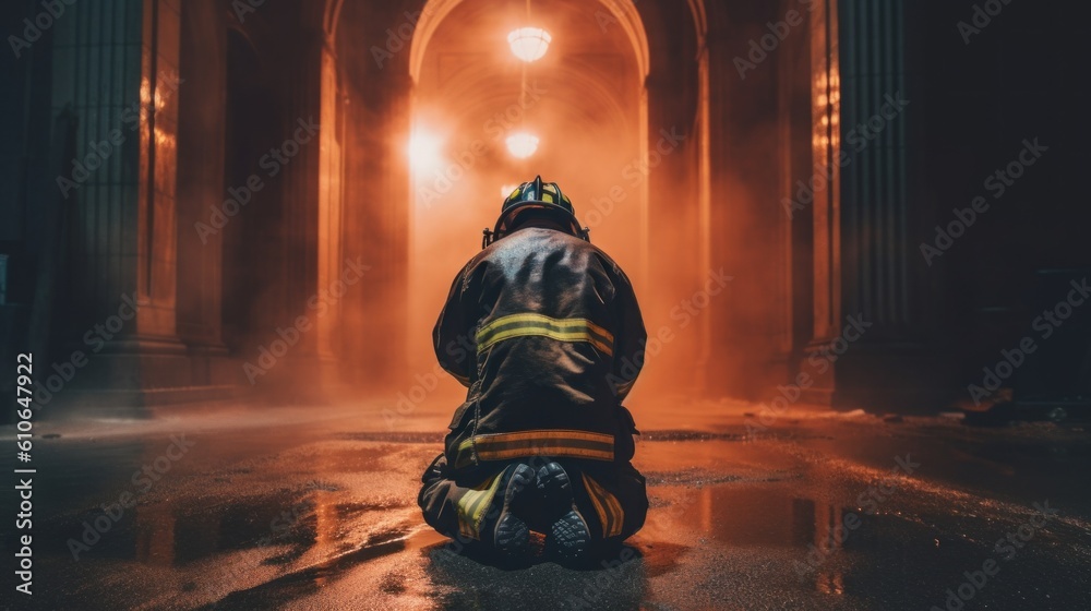 A firefighter kneeling in front of a fire hydrant. Generative AI image ...