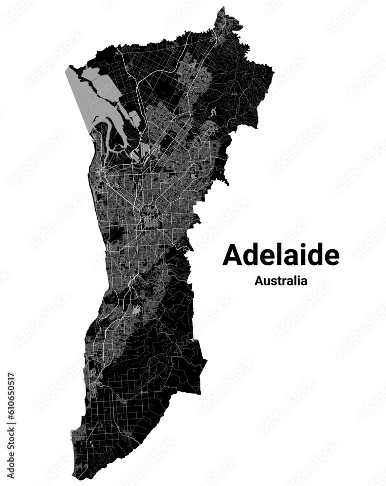 Adelaide map. Detailed black map of Adelaide city poster with streets ...